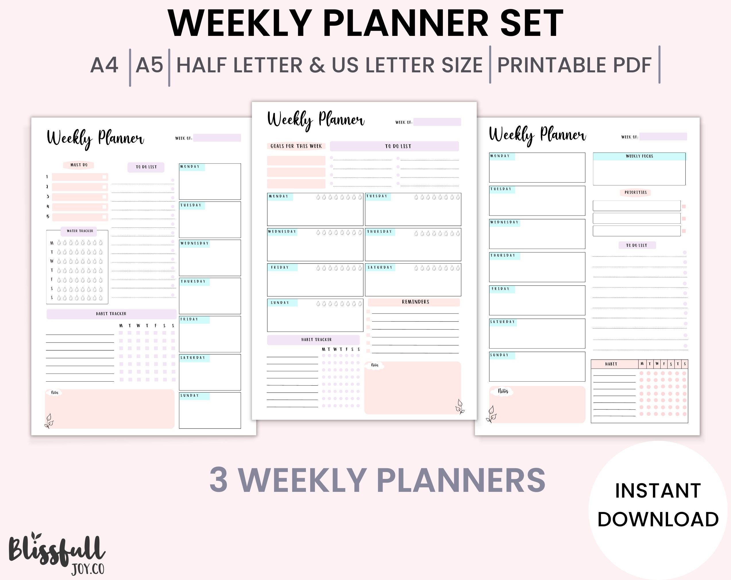 Printable Weekly Planner Set , Weekly Planner, Productivity Planner ...