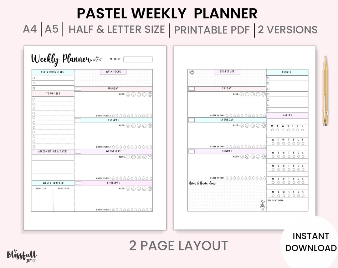 Undated Weekly Planner Printable, Week on 2 Pages, Weekly Organizer, A4 ...
