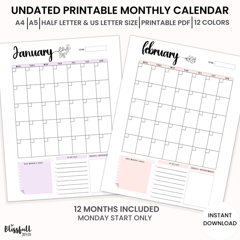 Undated Calendar Planner Insert , Monthly Planner, Monthly Calendar, to ...