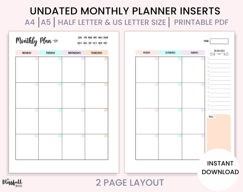 Undated Monthly Planner Printable, Monthly Calendar Inserts, Undated ...