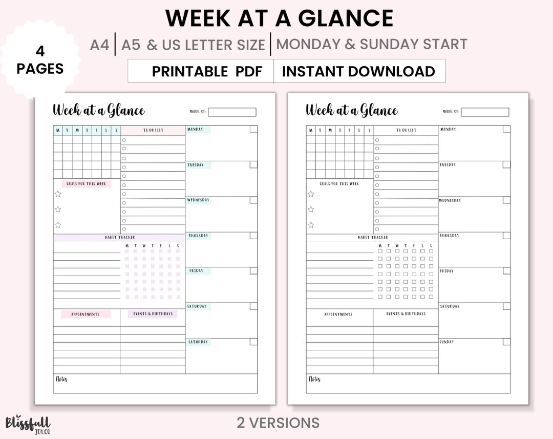 Week at a Glance, Weekly Goals, Weekly Overview, Weekly Organizer ...