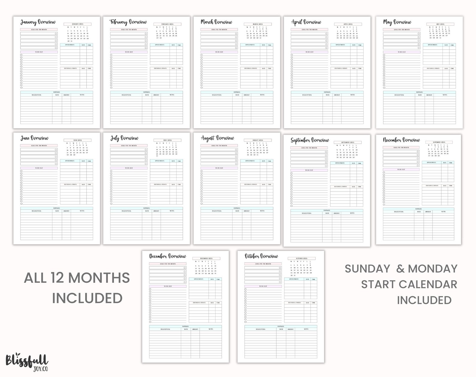 12 Month Overview Planner Printable, Undated Monthly Planner, Monthly ...