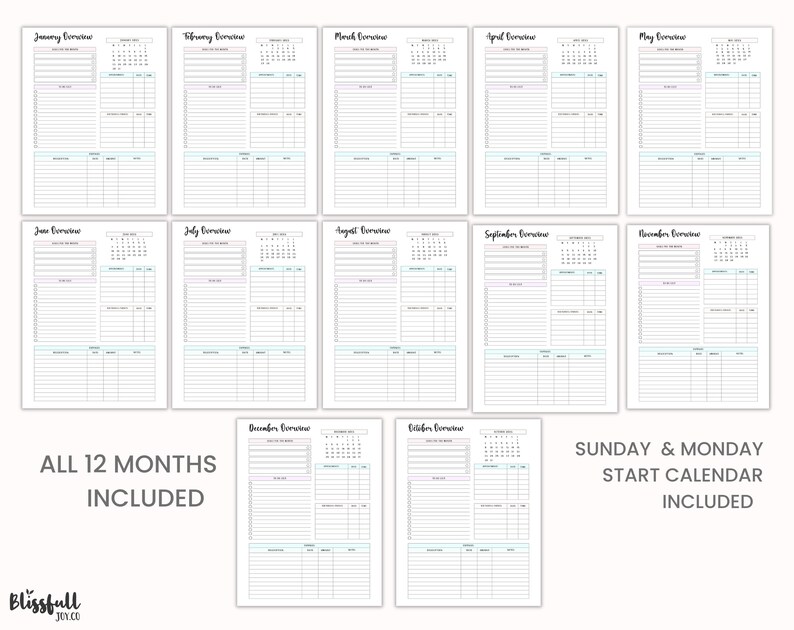 12 Month Overview Planner Printable, Undated Monthly Planner, Monthly ...
