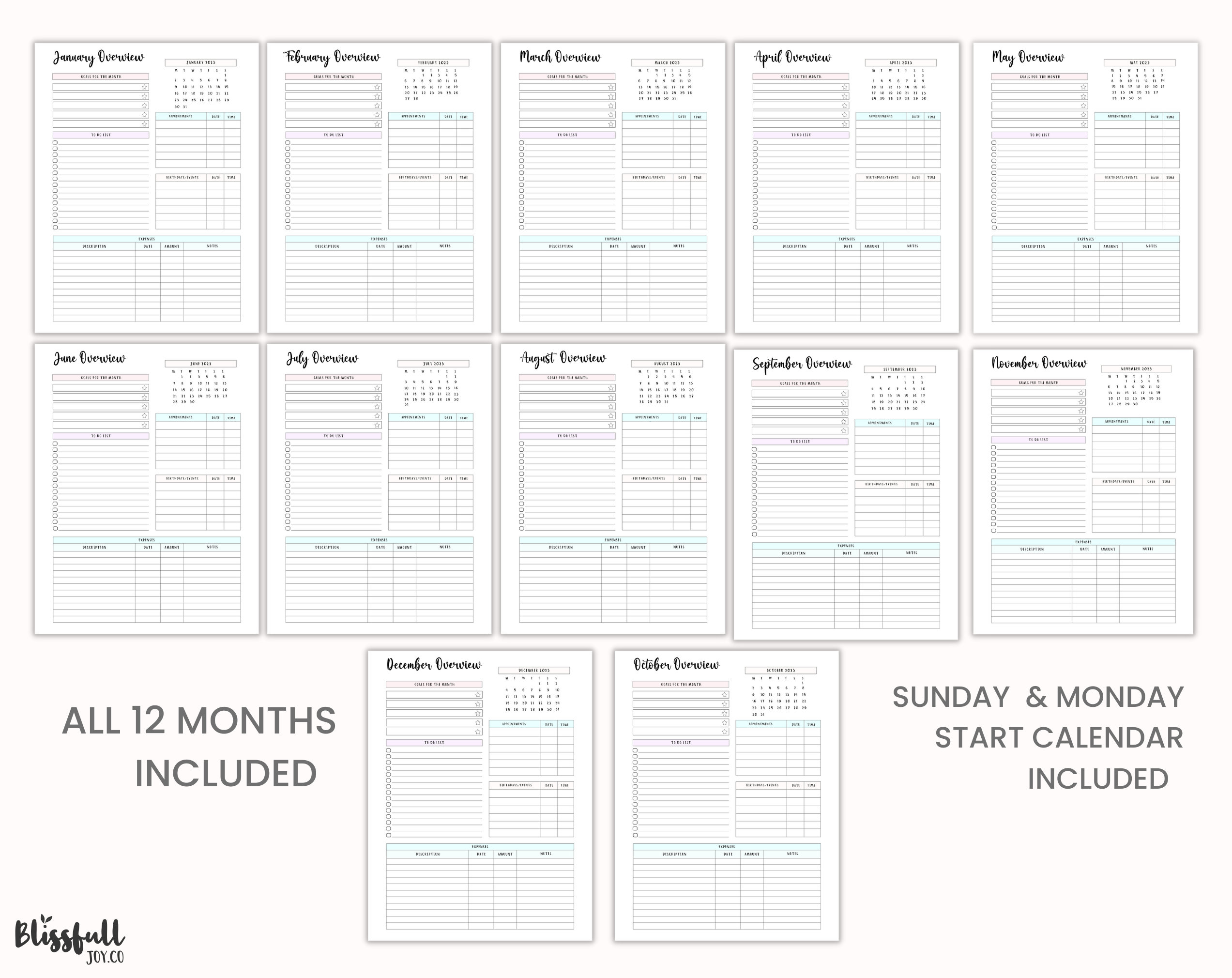 12 Month Overview Planner Printable, Undated Monthly Planner, Monthly ...