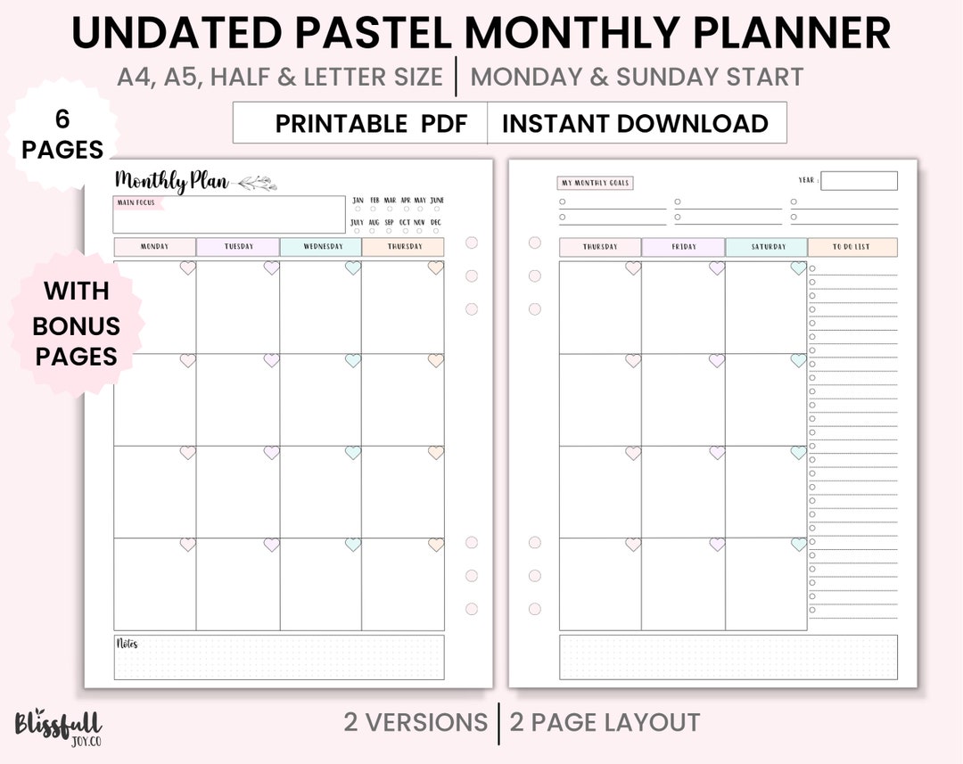 Undated Pastel Monthly Planner, Printable 2 Page Spread , Heart ...