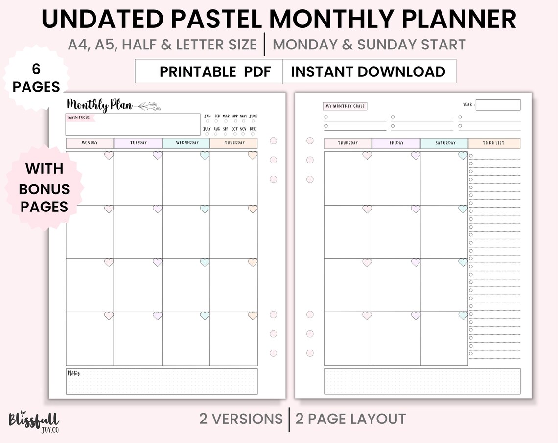 Undated Pastel Monthly Planner Printable 2 Page Spread - Etsy