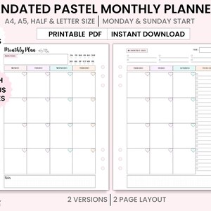 Undated Pastel Monthly Planner Printable 2 Page Spread - Etsy