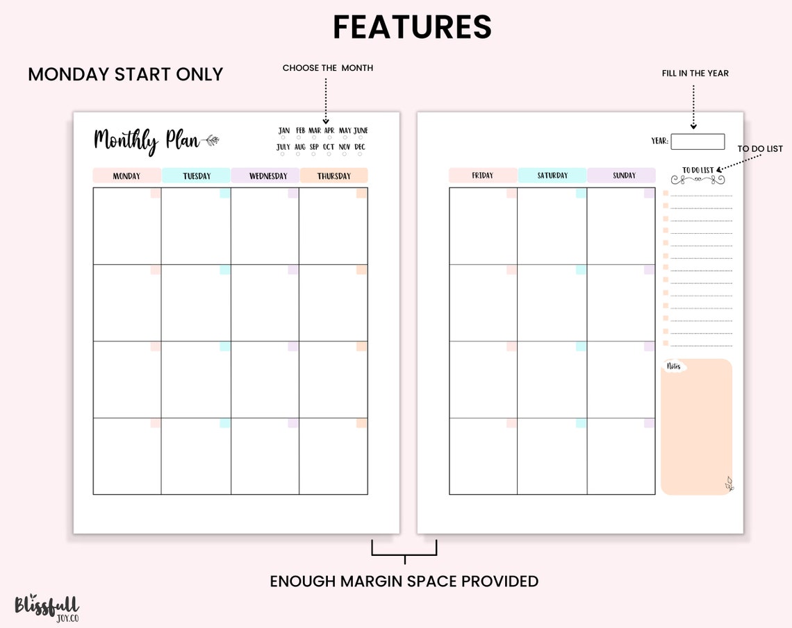 Undated Monthly Planner Printable, Monthly Calendar Inserts, Undated ...