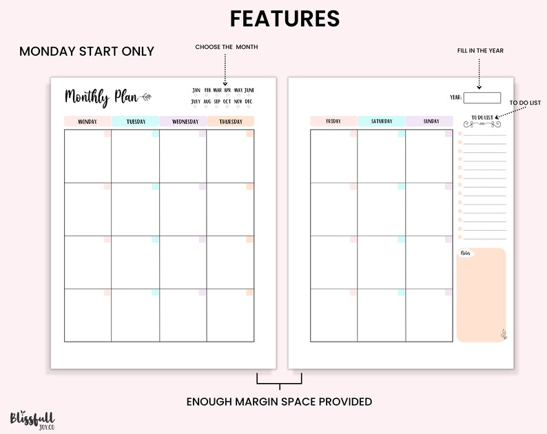 Undated Monthly Planner Printable, Monthly Calendar Inserts, Undated ...