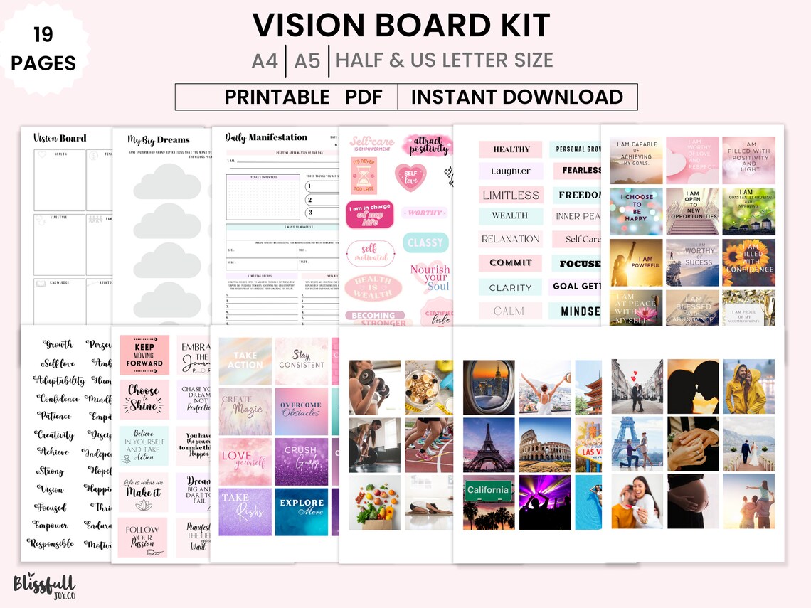 Printable Vision Board Kit, Vision Board Photos , Affirmations, Words ...