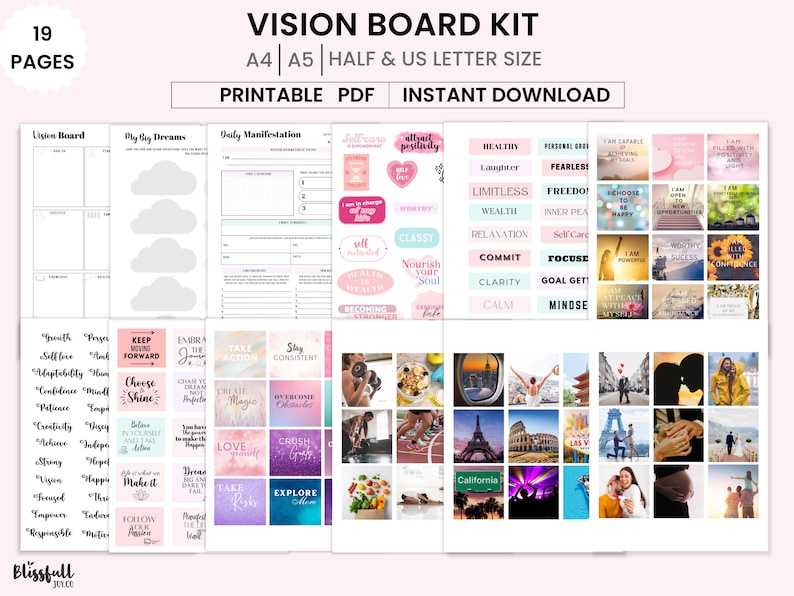 Printable Vision Board Kit, Vision Board Photos , Affirmations, Words ...