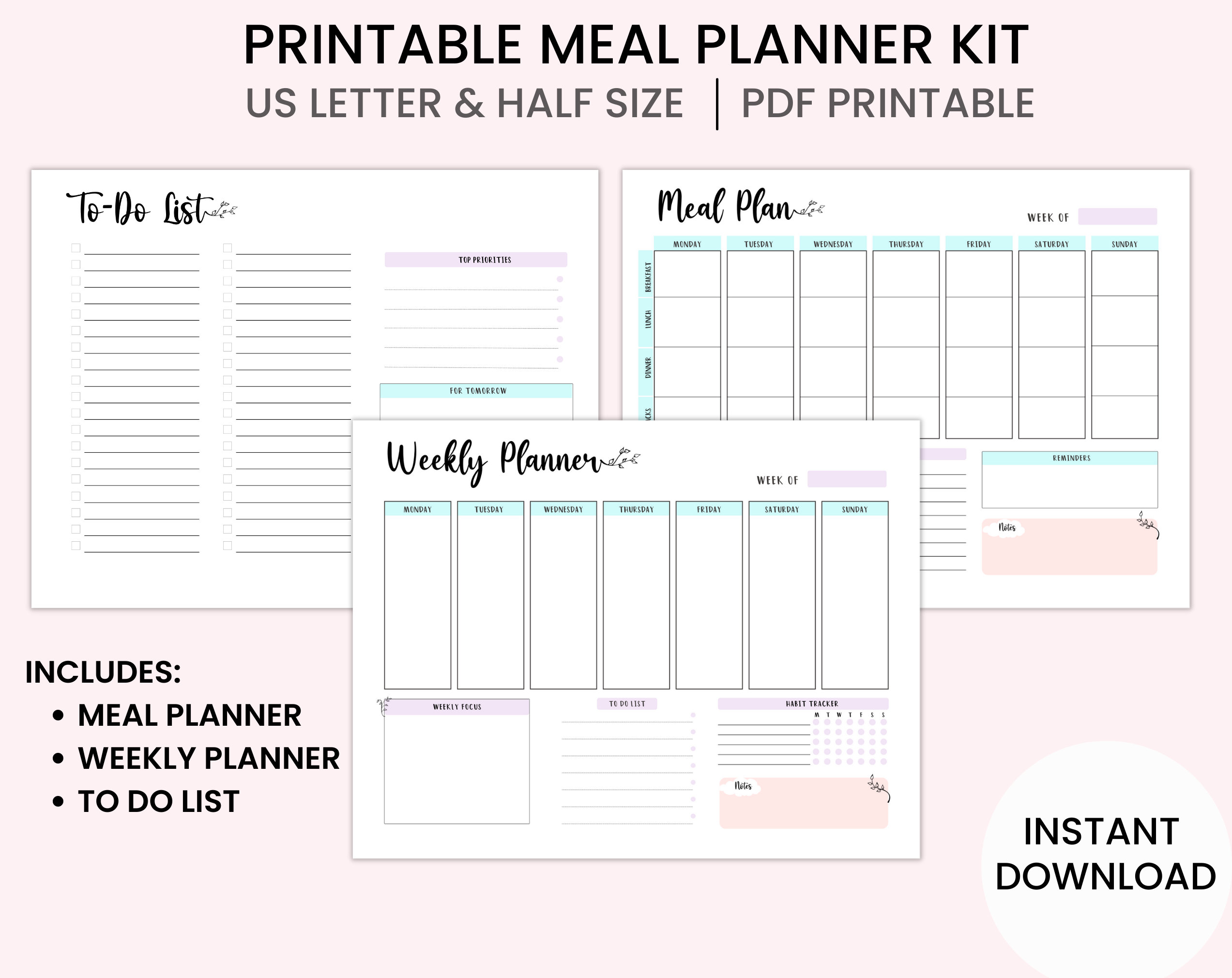 Printable Meal Planner Weekly Planner to Do List Menu - Etsy