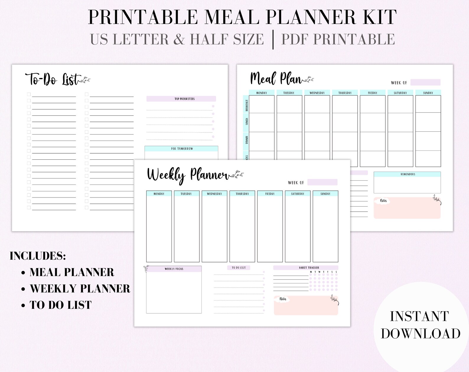 Printable Meal Planner Weekly Planner to Do List Menu | Etsy