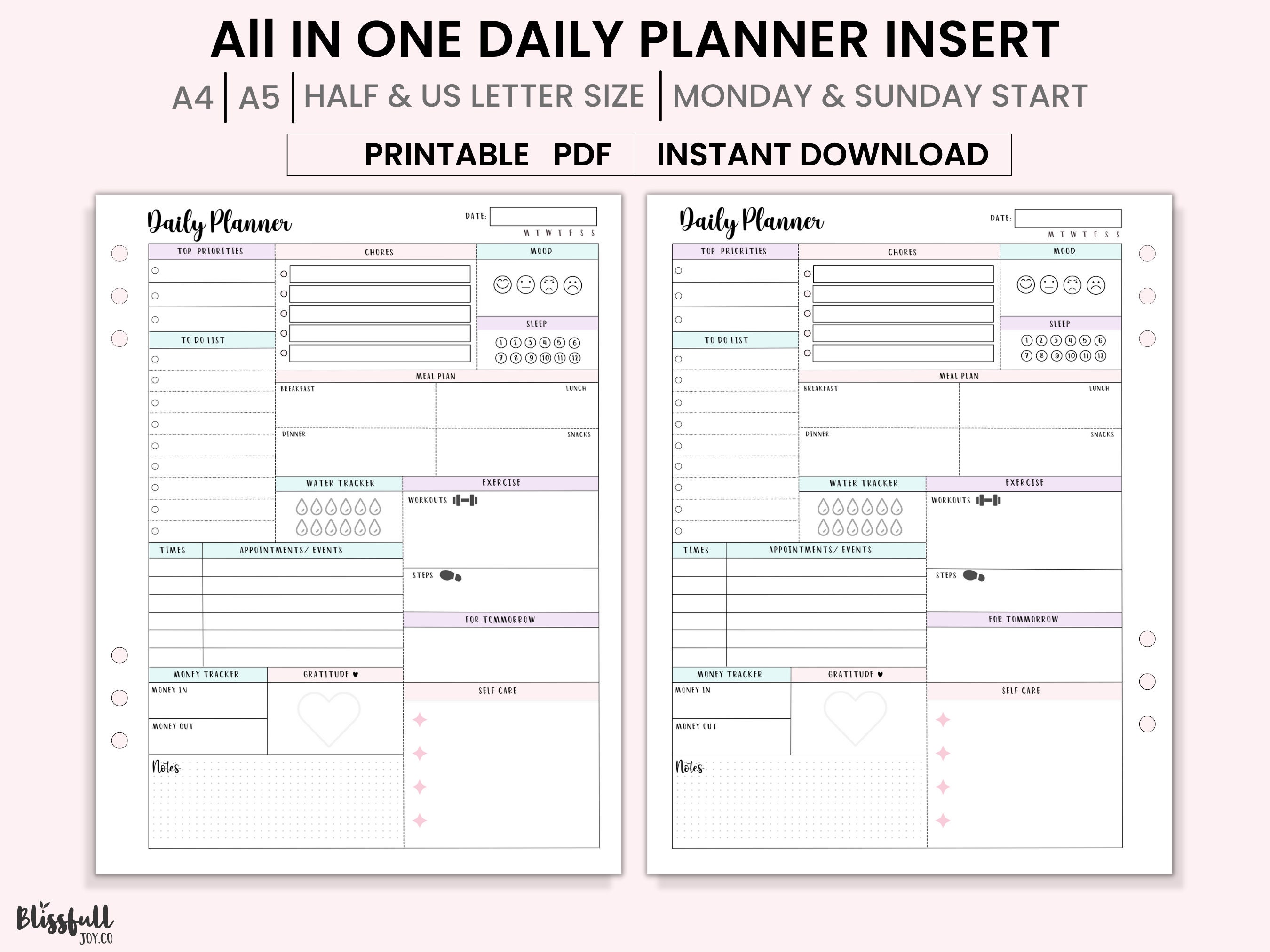 All in One Daily Planner Printable, Planner Inserts, Productivity ...
