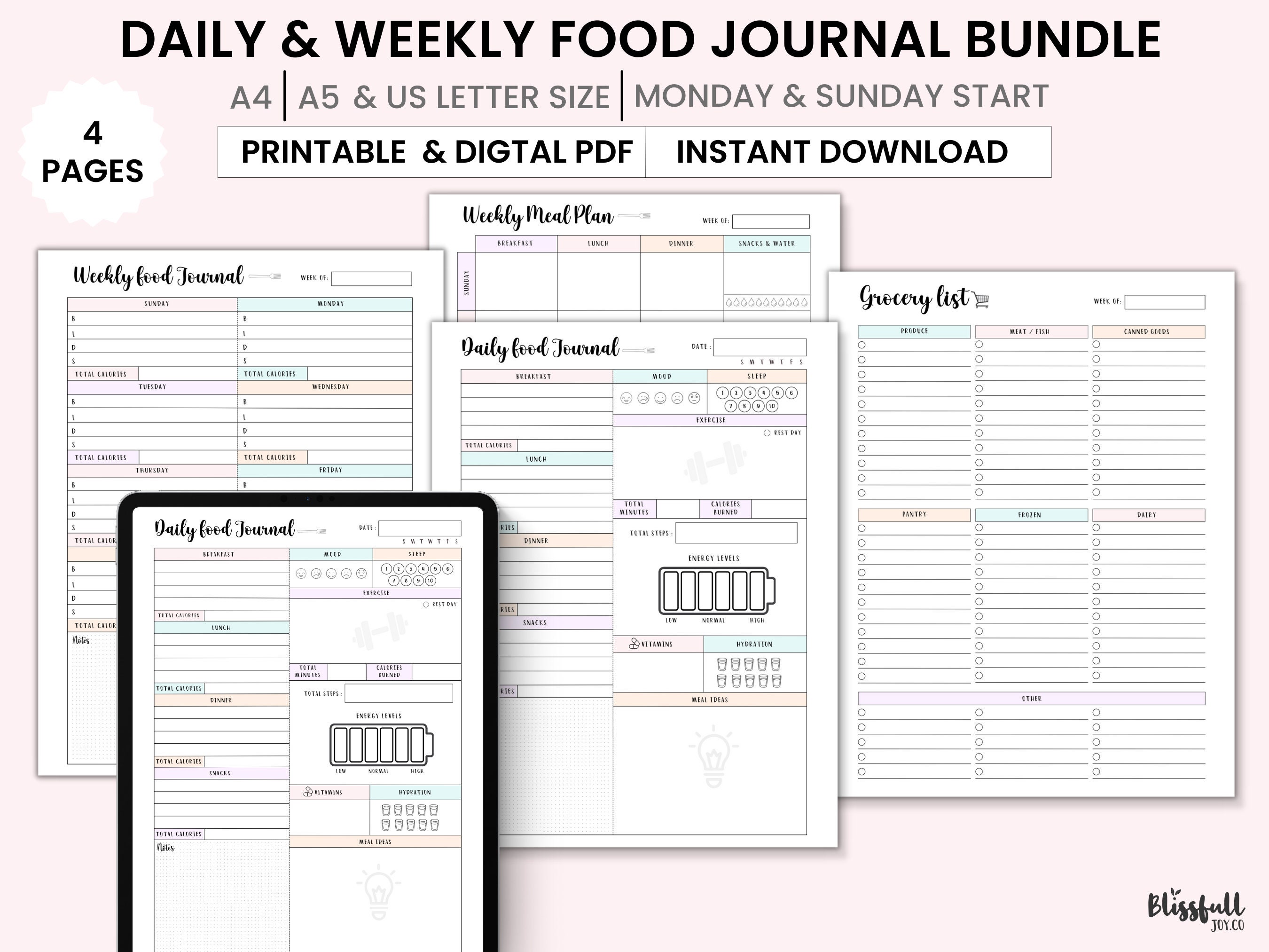 Digital/printable Daily, Weekly Food Journal, Food Diary, Meal Tracker ...