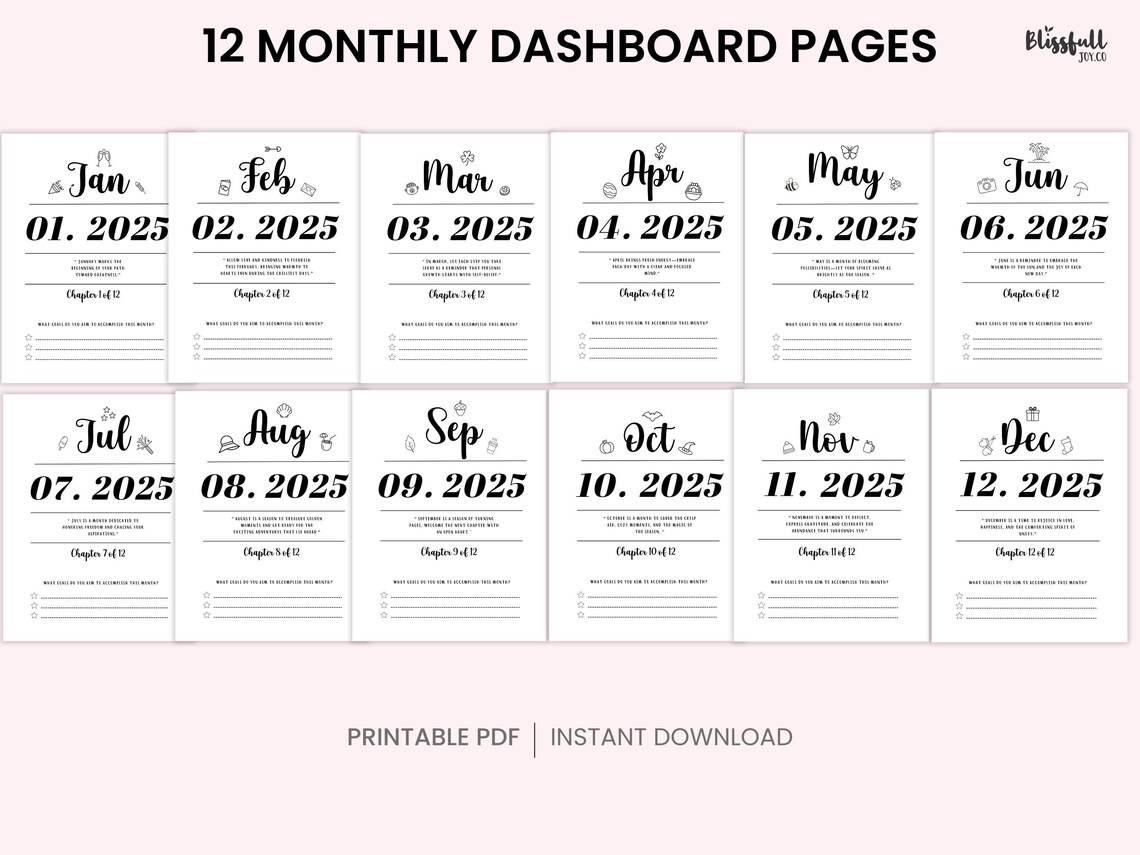 2025 Monthly Dashboard Set, Printable Dividers, January - December ...