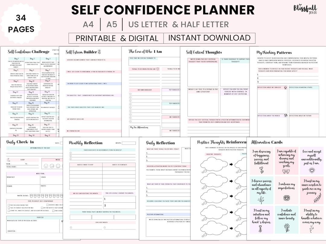 Self Confidence Planner, Self Esteem Planner, Confidence Worksheets ...