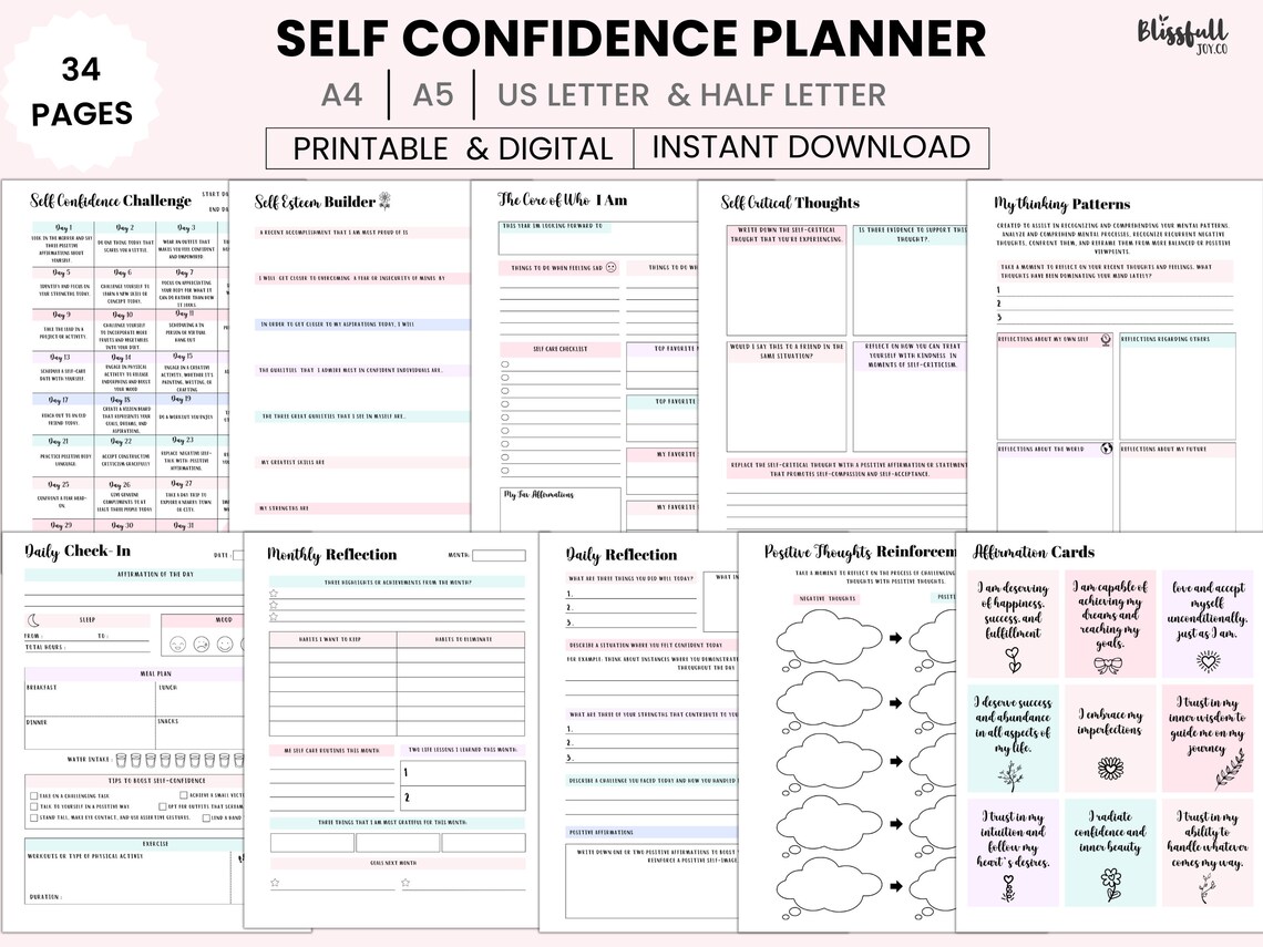 Self Confidence Planner, Self Esteem Planner, Confidence Worksheets ...