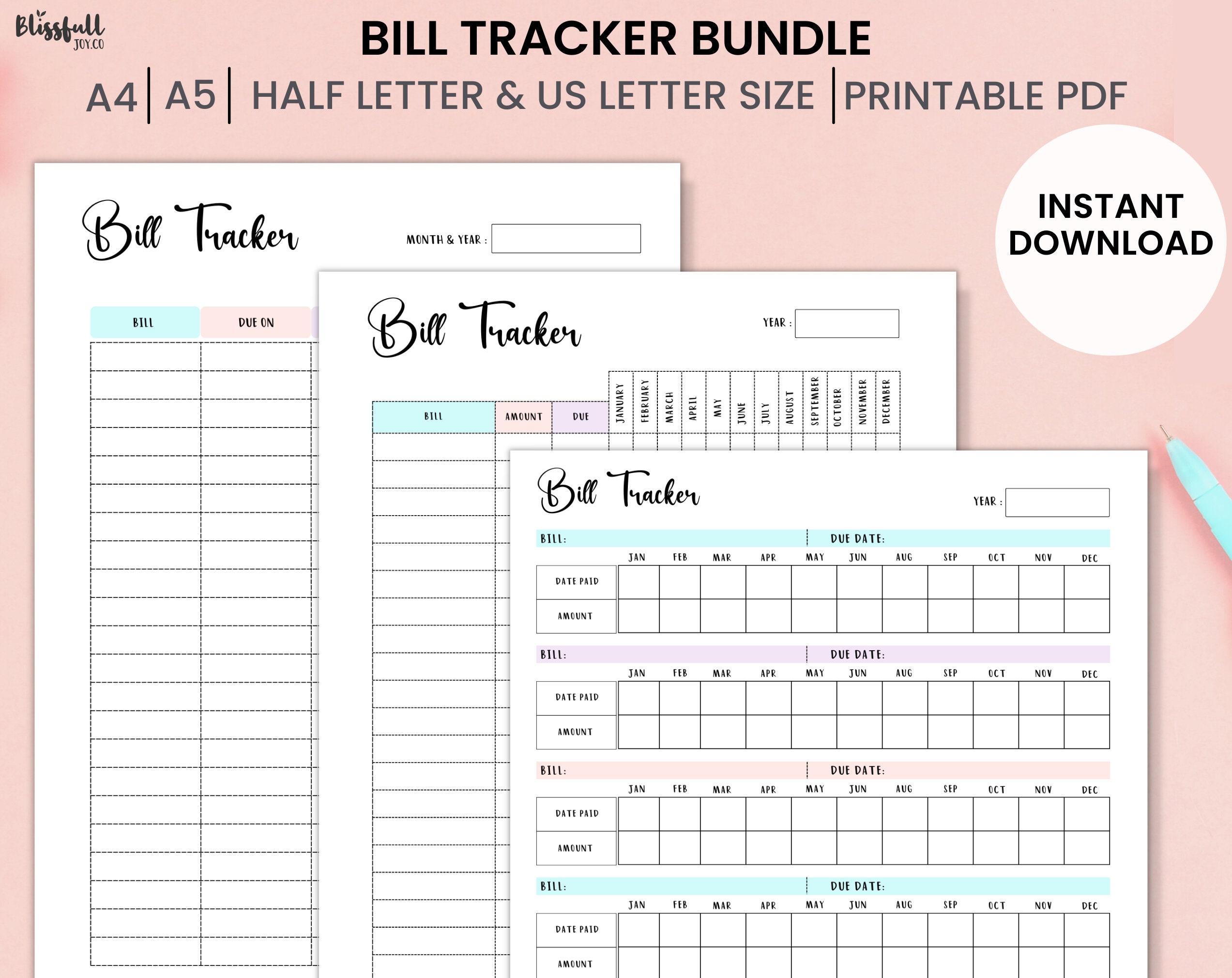 Printable Bill Tracker Inserts, Monthly Bill Tracker, Yearly, Bill ...