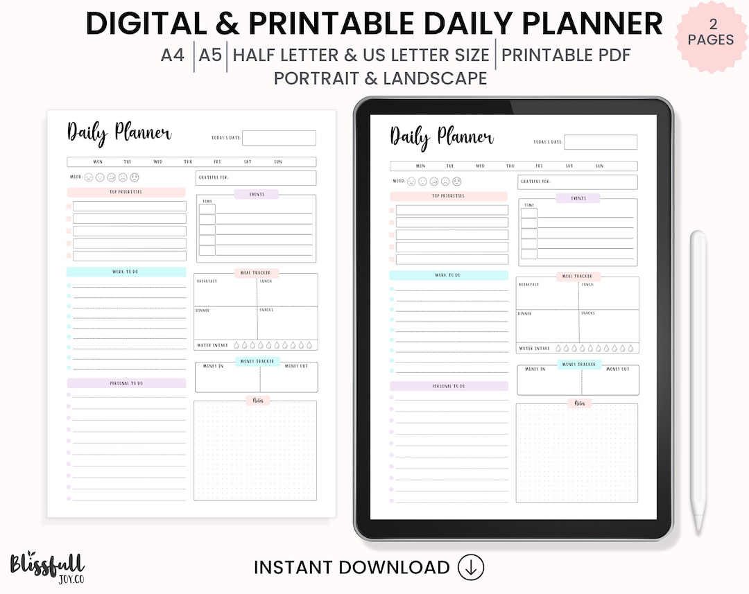 Printable, Daily Digital Planner, Daily Schedule, Pastel Digital ...