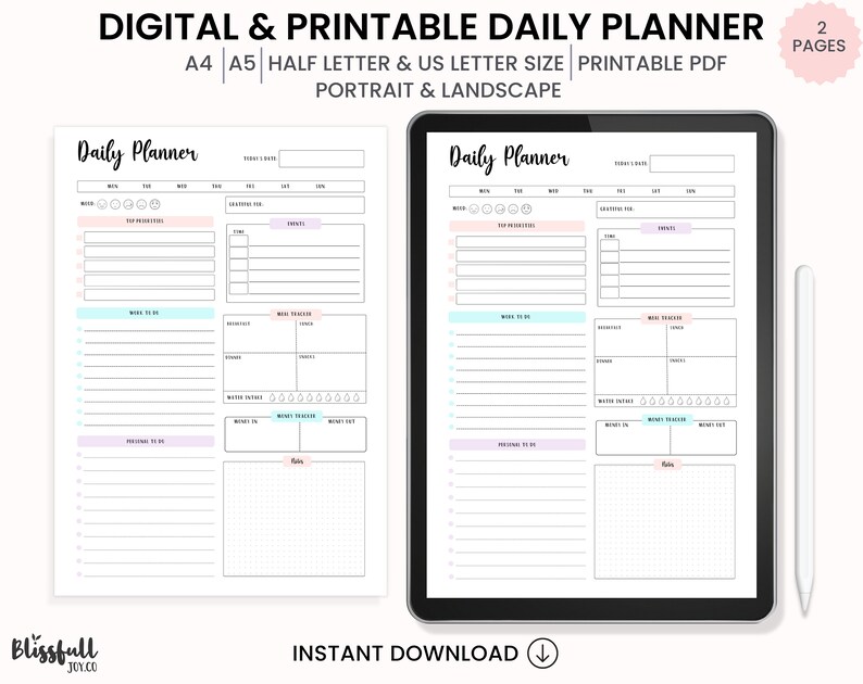 Printable, Daily Digital Planner, Daily Schedule, Pastel Digital ...