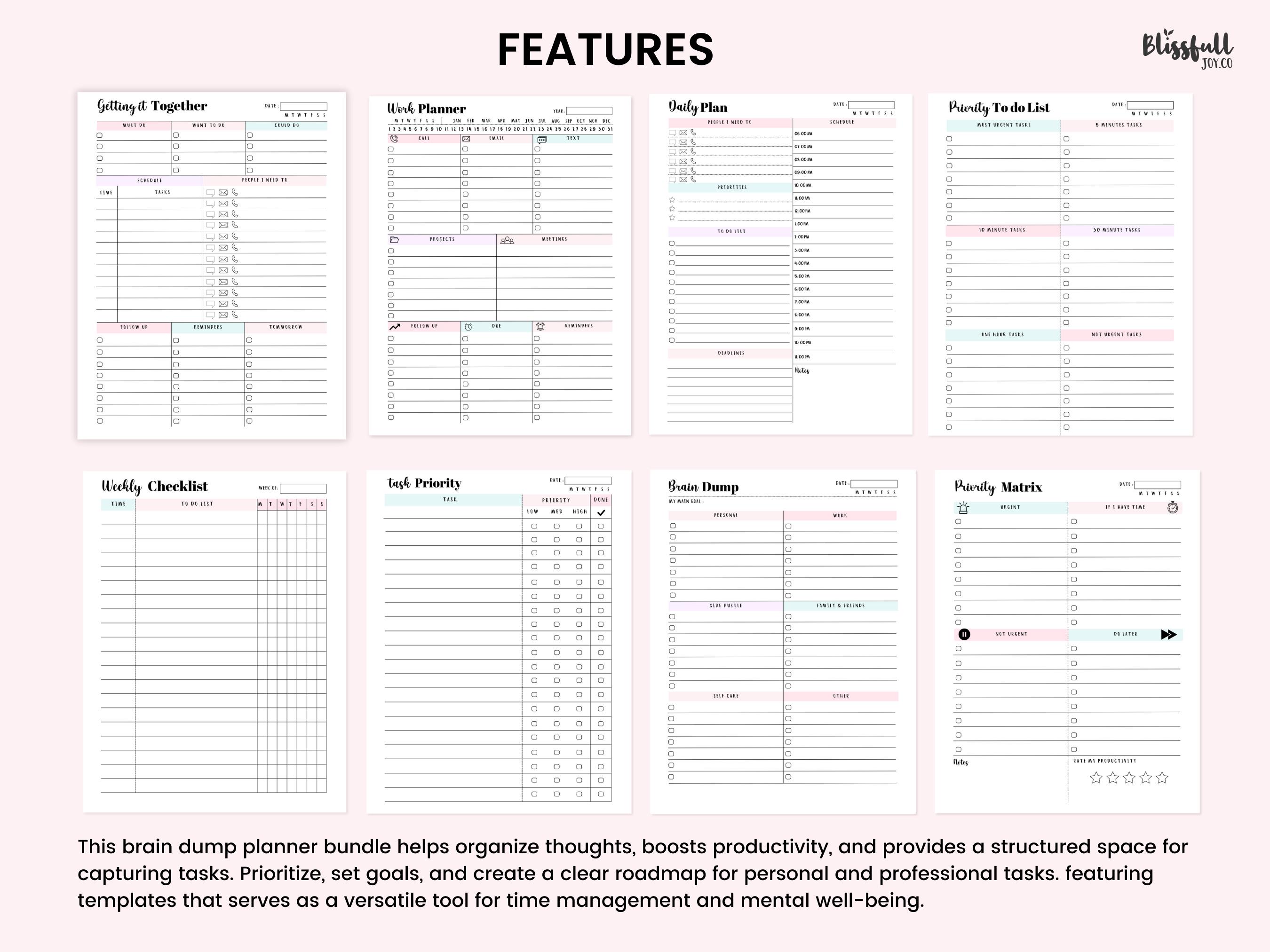 Brain Dump Bundle, Priority Matrix, Work Day Organizer, to Do List ...