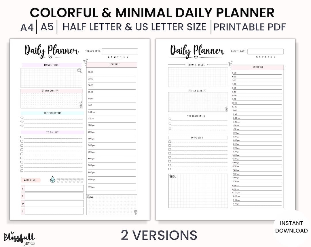 Hourly, Half Hour Daily Printable Planner , Daily Agenda, Minimalist ...