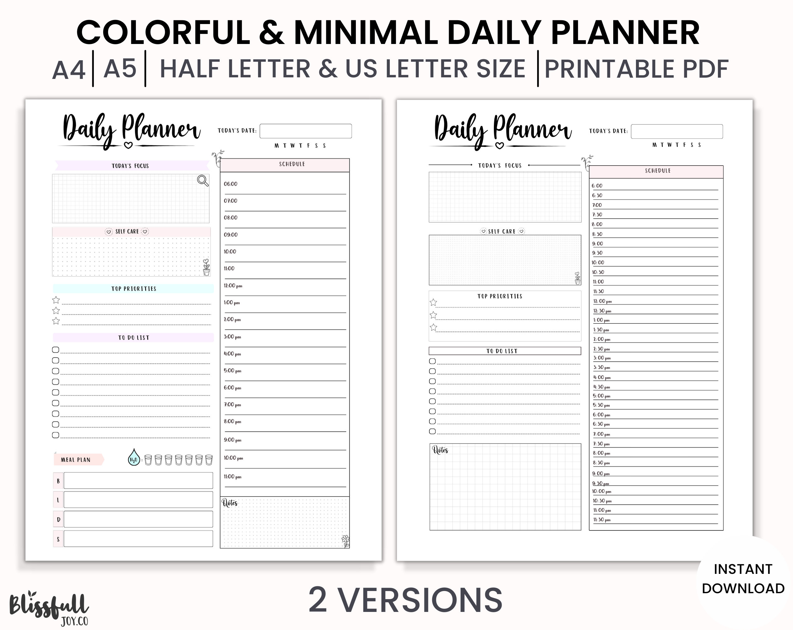 Hourly, Half Hour Daily Printable Planner , Daily Agenda, Minimalist ...