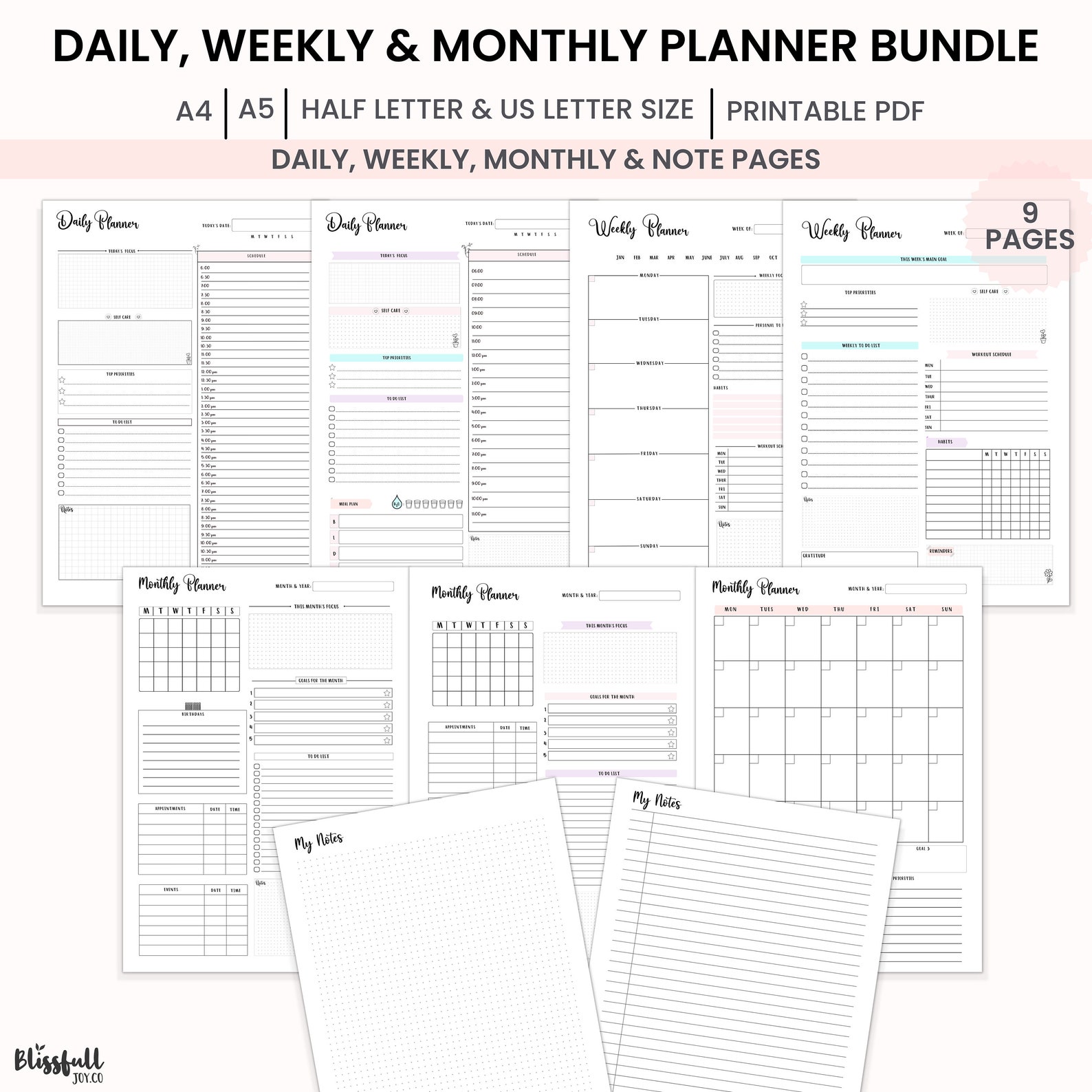 Printable Planner Bundle, Daily, Weekly, Monthly Planners, Note Pages ...