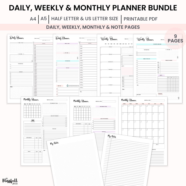 Printable Planner Bundle, Daily, Weekly, Monthly Planners, Note Pages ...