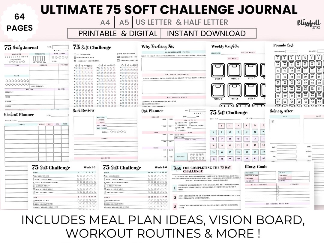 75 Soft Challenge Printable Journal: Fitness & Meal Planner (PDF ...