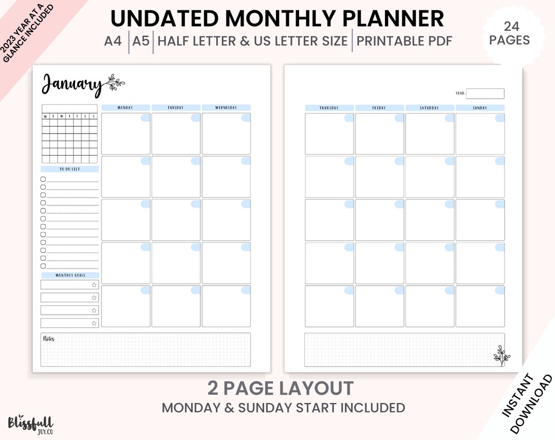 Undated Monthly Planner Inserts , Monthly Calendar, Planner Inserts ...