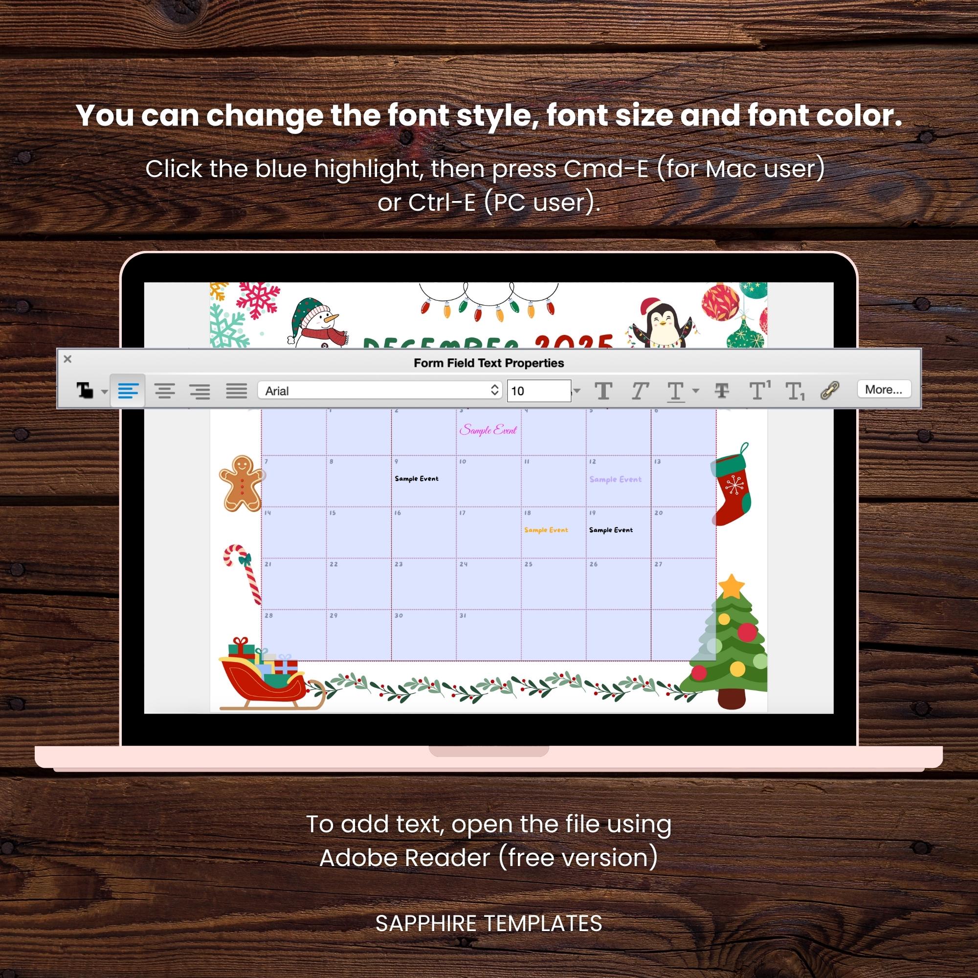 December 2025 Calendar Fillable Monthly, Cute Christmas Calendar ...