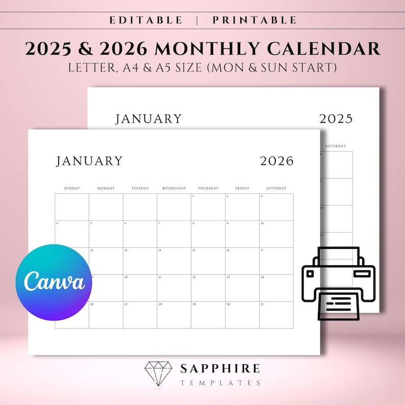 EDITABLE 2025 2026 Calendar Printable Template, Canva Monthly Calendar ...