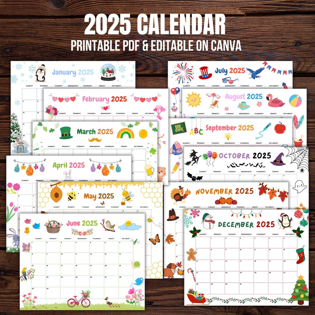 2025 Calendar Printable, Cute Kids Calendar 2025, Wall Calendar PDF ...