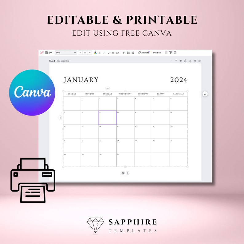 EDITABLE 2025 2024 Calendar Printable Template, Canva Monthly Calendar ...