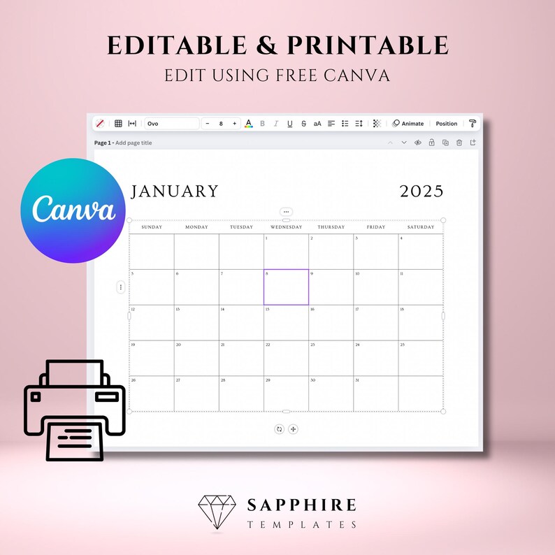 EDITABLE 2025 2026 Calendar Printable Template, Canva Monthly Calendar ...