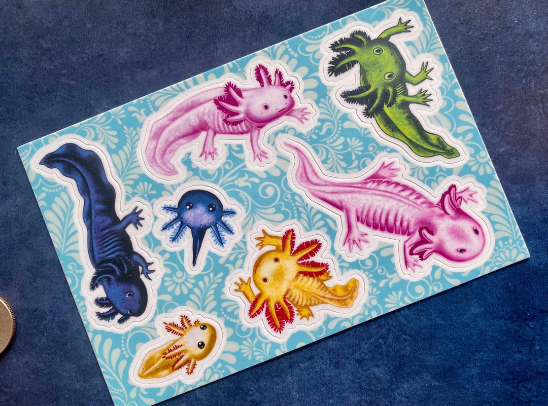 Axolotl Sticker Sheet, 4x6" Sticker Sheet, Vinyl Stickers, Water Proof ...