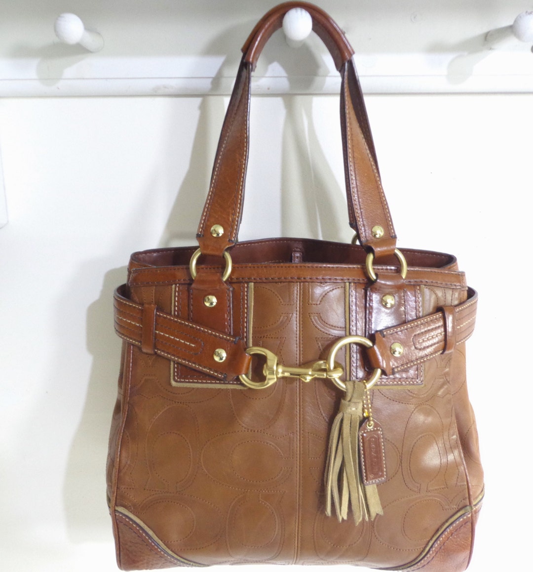 COACH HAMPTON 10228 Vintage Brown Leather Embossed C Book Tote Bag ...