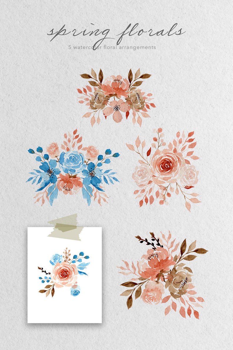 Blue Watercolor Wreath Floral Clipart, Floral Bouquets Clipart, Spring ...