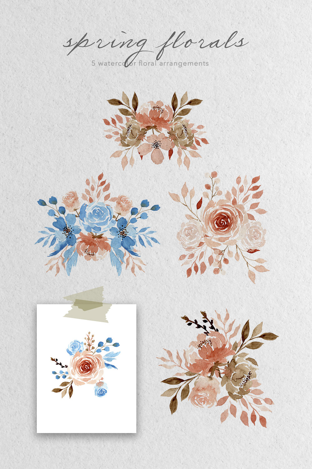 Blue Watercolor Wreath Floral Clipart, Floral Bouquets Clipart, Spring ...
