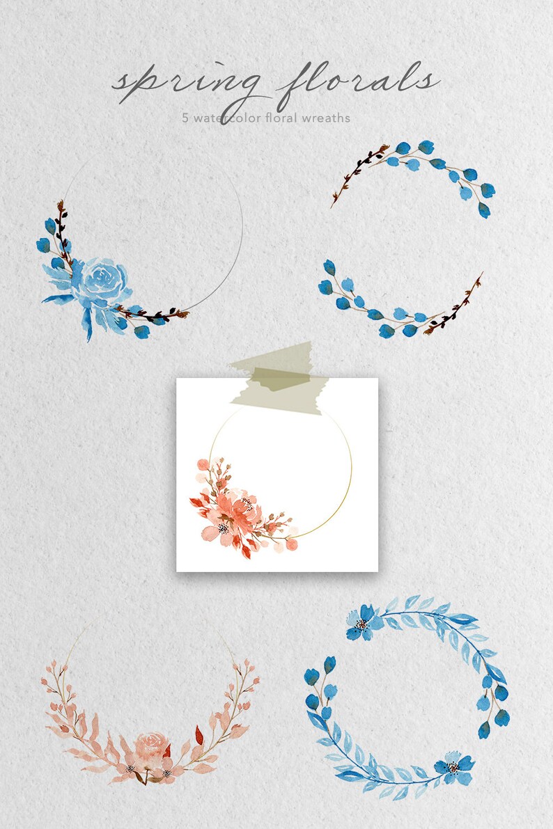 Blue Watercolor Wreath Floral Clipart, Floral Bouquets Clipart, Spring ...