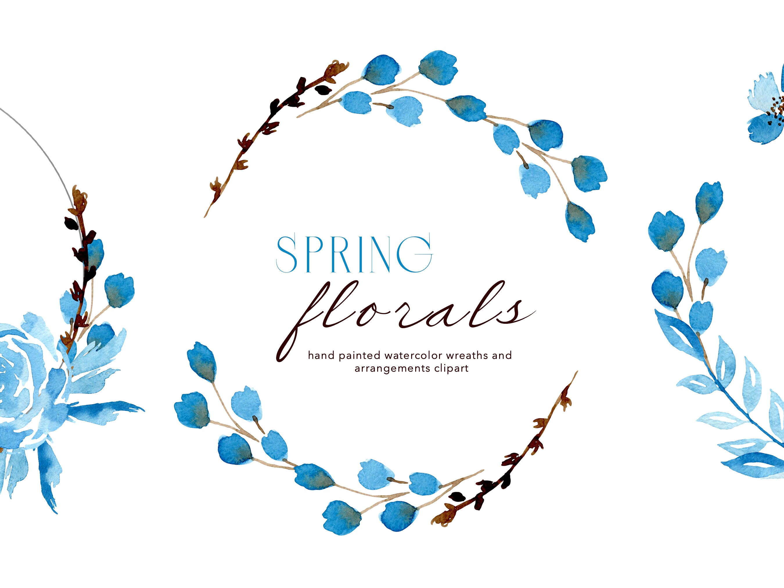 Blue Watercolor Wreath Floral Clipart, Floral Bouquets Clipart, Spring ...
