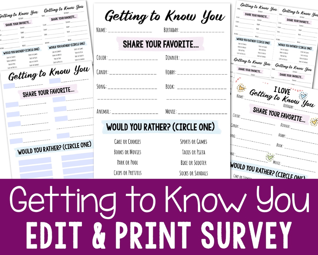 Getting to Know You Survey Printable & Editable PDF | About Me Quiz ...