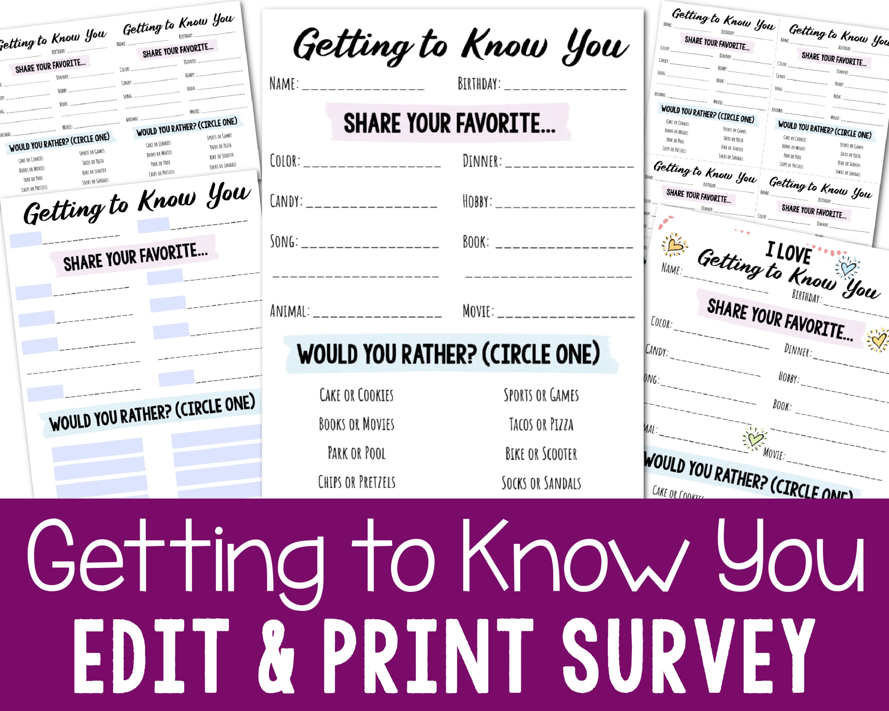 Getting to Know You Survey Printable & Editable PDF | About Me Quiz ...