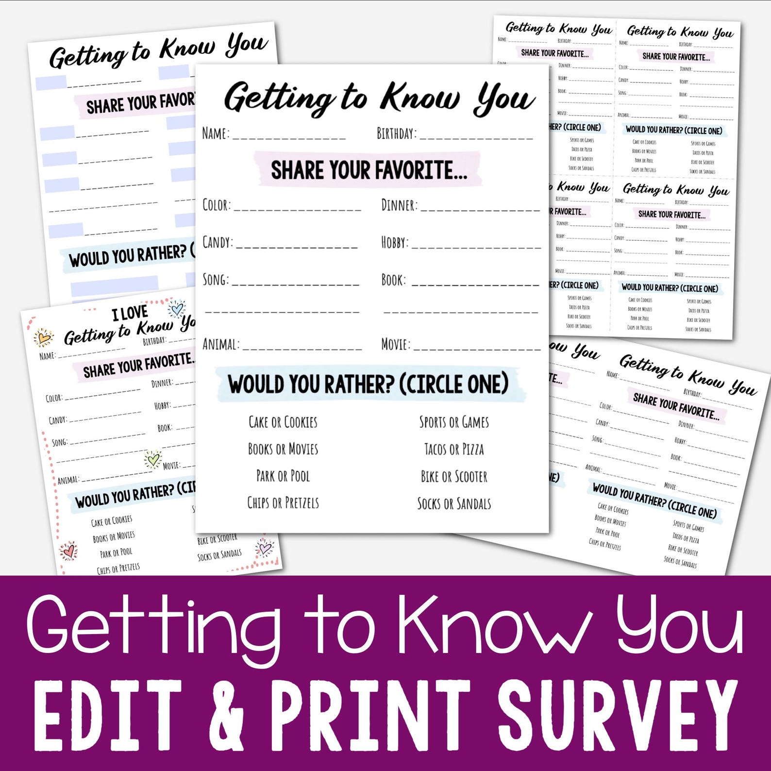 Getting to Know You Survey Printable & Editable PDF | About Me Quiz ...
