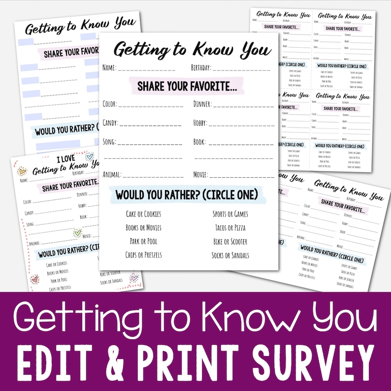 Getting to Know You Survey Printable & Editable PDF | About Me Quiz ...