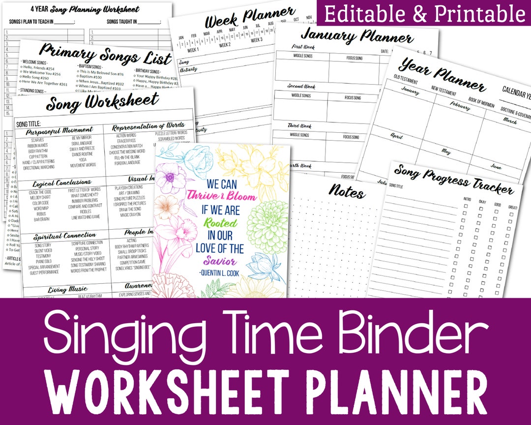 Primary Singing Time Binder Planner Editable & Printable PDF Organizer ...