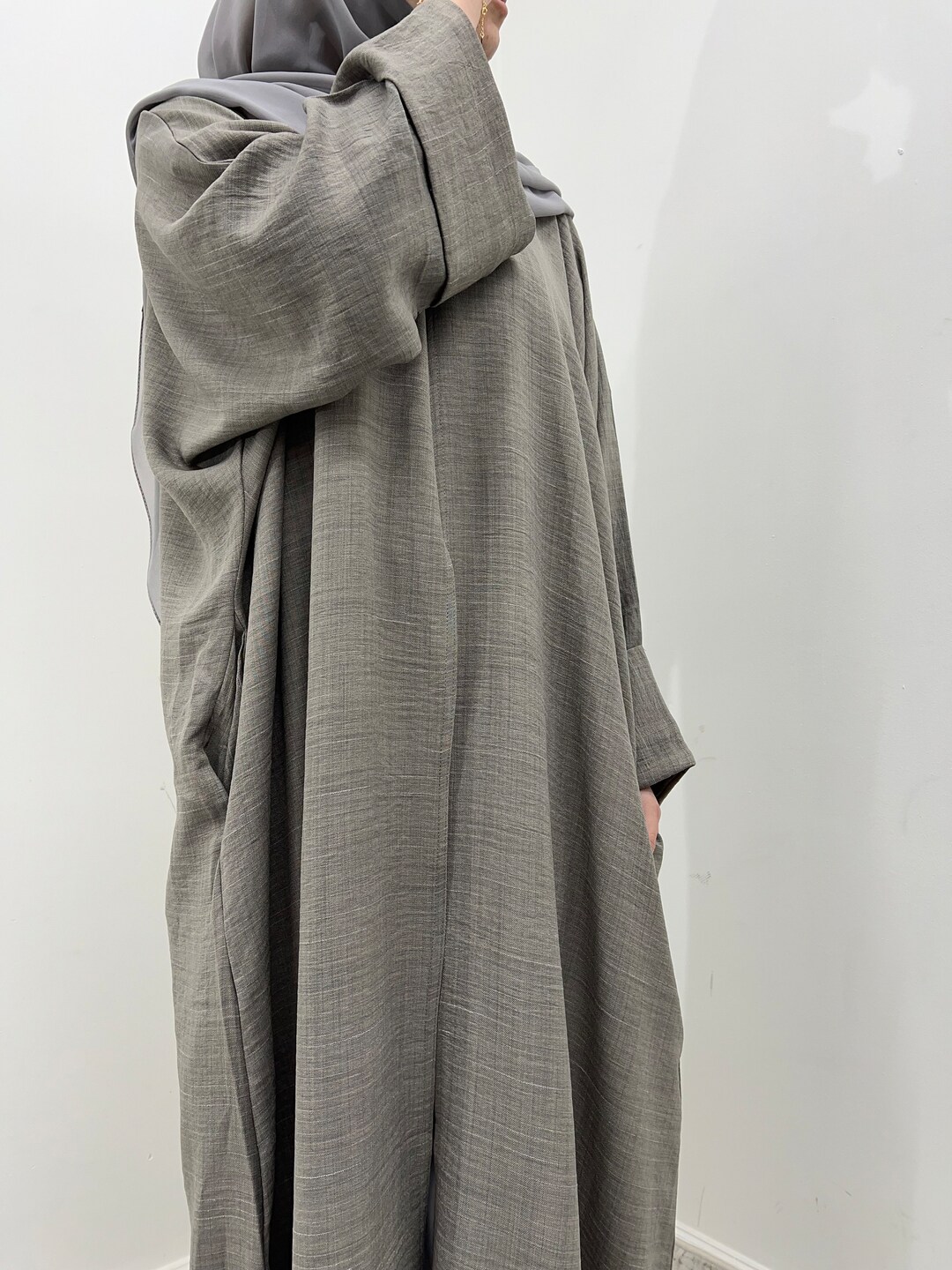 Luxury Open Linen Abaya Set With Pockets Hijab Oversized Dubai Abaya ...