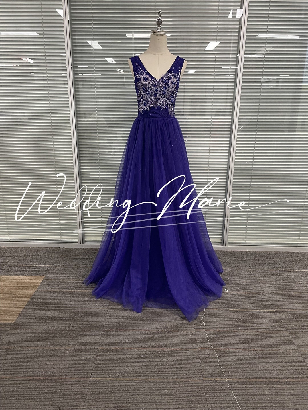 Dark Blue Prom Dress, V Neckline Prom Dress, Lace Prom Dress, A-line Dress, Modest Gown Dress ...